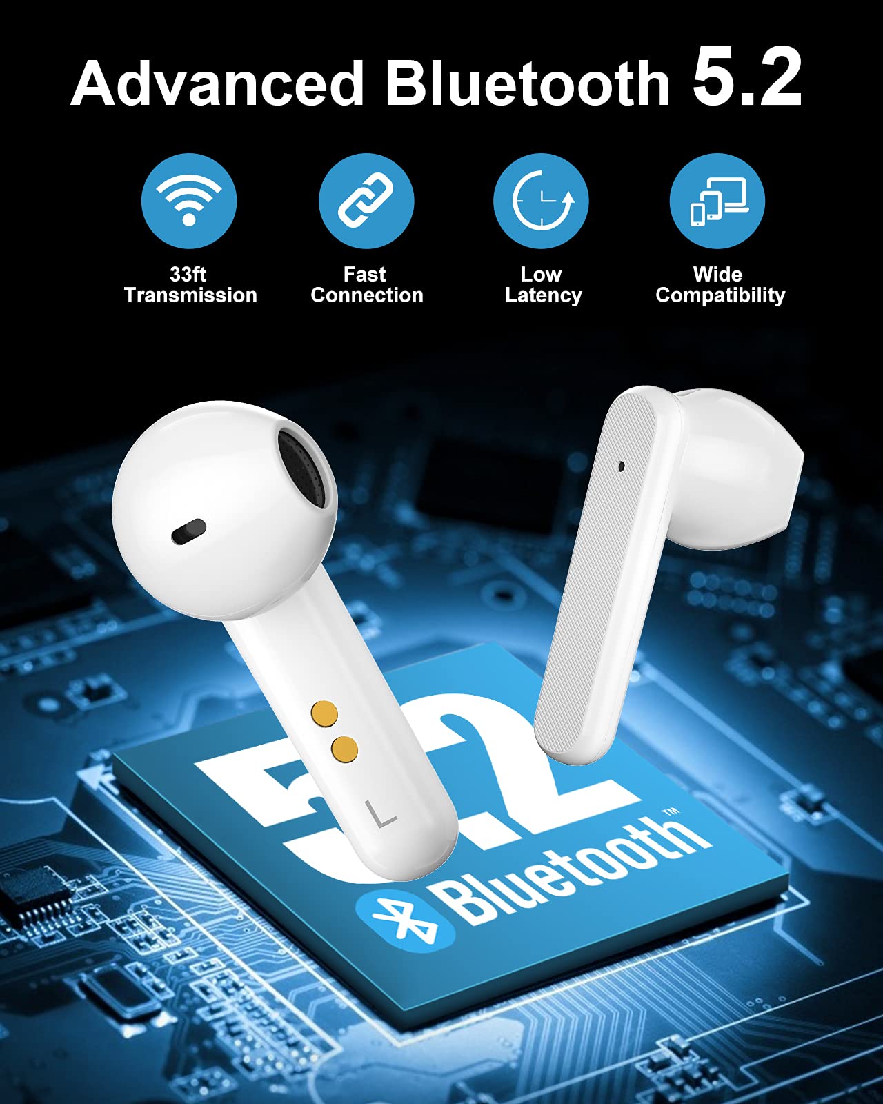 KMOUK True Wireless Earbuds, Qualcomm QCC3040 Bluetooth 5.2 Earbuds, IPX8 Waterproof Earphones, 4-Mic CVC8.0 Call Noise Reduction, 30H Playtime, in-Ear Stereo Headphones with Touch Control, White