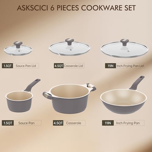 ASKSCICI Pots and Pans Set Nonstick, 6 Pcs Induction Kitchen Cookware Sets, Non Stick Cooking Set with Deep Frying Pan, Non-toxic, PFOA & PFOS Free, Dishwasher Safe, Gray