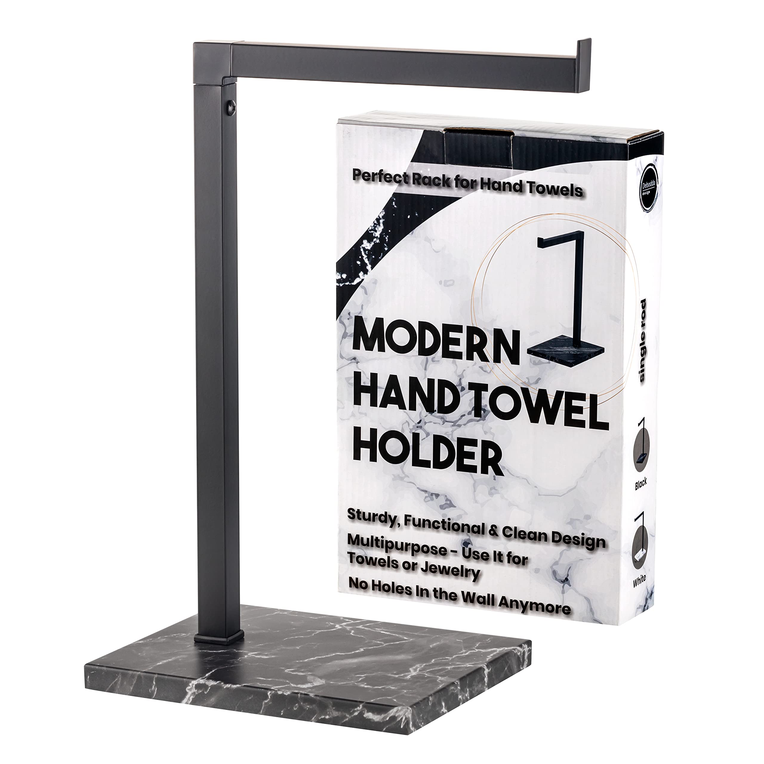 Debodda Modern Hand Towel Stand for Bathroom, Kitchen or Vanity, Height 13.78”, Free Standing Countertop Rack with Marble Balanced Base, Perfect Hand Towel Holder, Dual Washcloth Display, Black Marble