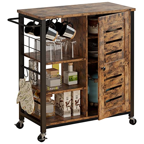 IRONCK Storage Cabinet with Charging Station and Wheels, 31.5" Kitchen Cart Cabinet with Shelves, Removable Cart Handle Cup Hook, Cupboard for Kitchen, Living Room, Industrial, Vintage Brown