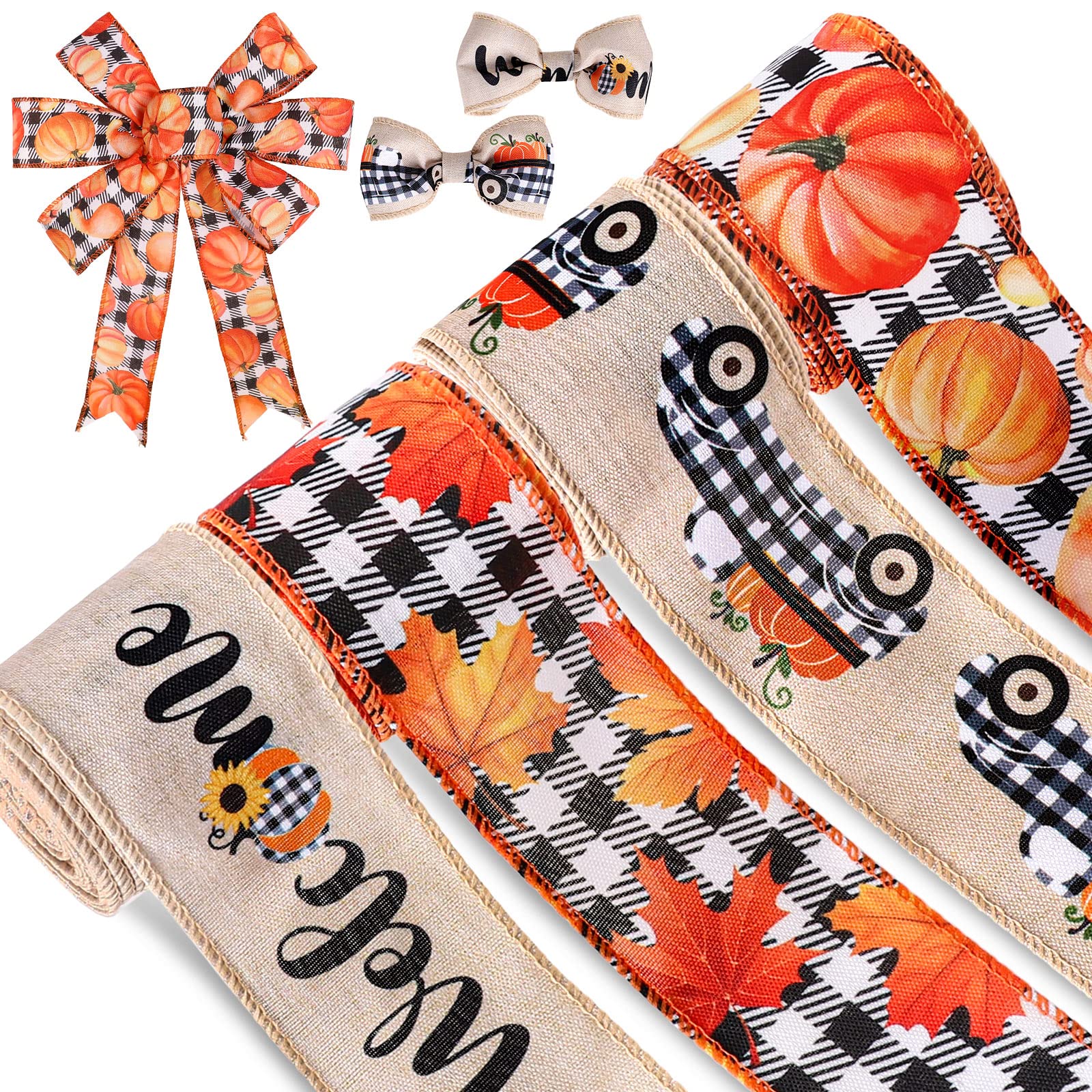 Whaline 30 Yard Fall Thanksgiving Wired Edge Ribbon White Black Buffalo Plaids Ribbon Autumn Leaves Pumpkin Truck Craft Ribbon Rustic Vintage Farmhouse Wrapping Ribbon for Wreath Floral Bow, 4 Rolls