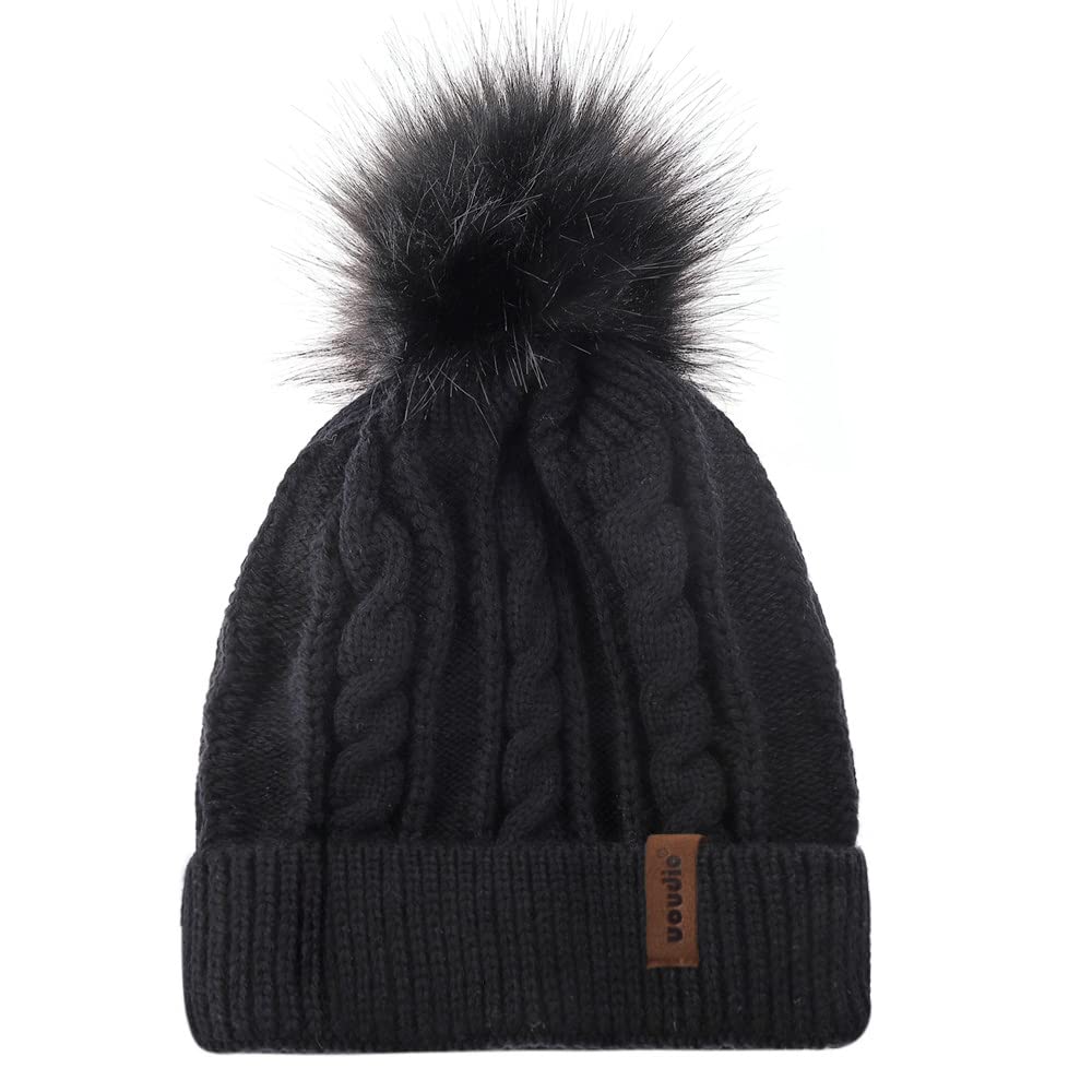 Knit Balaclavas Pom Beanie Hat Scarf Set for Womens Mens Winter Ski Hat Slouchy Skull Cap with Fleece Lined Black