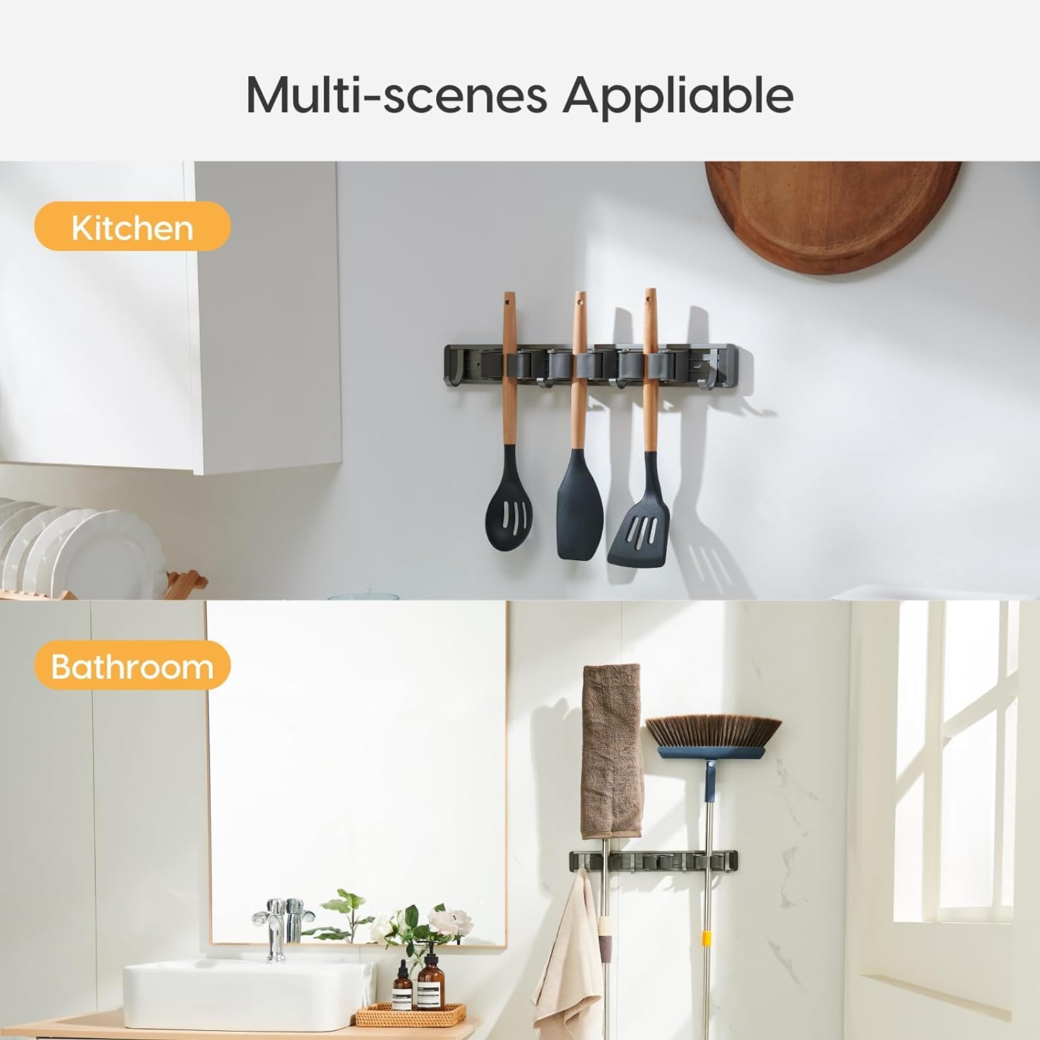 Broom Holder Wall Mount, [4 Racks & 5 Hooks] Drilling Free Mop and Broom Holder with 2 Over Door Hooks, Tool Organizer for Laundry Room, Garage, Kitchen, Closet, Bathroom, Pantry - Space Grey