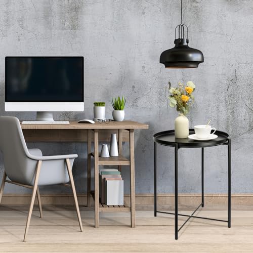 danpinera Metal Side Table, Black Side Table for Small Spaces Outdoor Patio Side Table Round Metal Coffee Table Waterproof Removable Tray Table for Living Room Bedroom Balcony Office Black, Set of 2