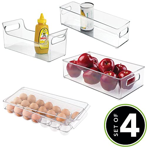 mDesign Plastic Kitchen Pantry Cabinet, Refrigerator, Freezer Food Storage Organizer Bin - for Fruit, Drinks, Snacks, Eggs, Pasta - Combo Includes Bins, Condiment Caddy, Egg Holder - Set of 4 - Clear