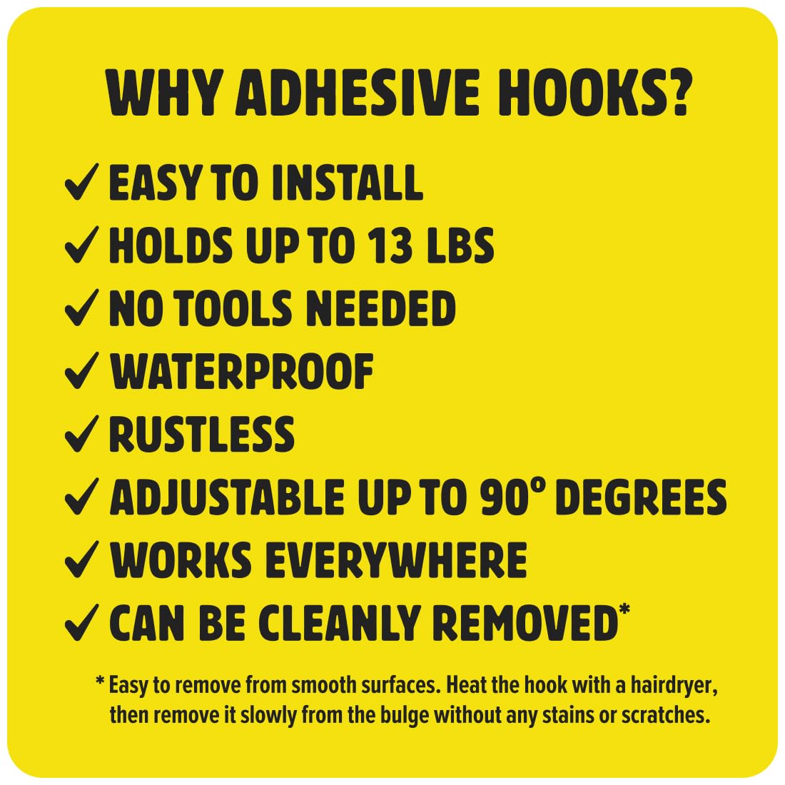 GOT 'EM Universal Adhesive Hooks Medium 6-Pack - Peel & Stick to Wall, Heavy Duty Holds 13 lbs of Towels, Coats, Picture, Plant. 90 Degree Adjust, Water Proof for Indoor/Outdoor, No Tools Needed