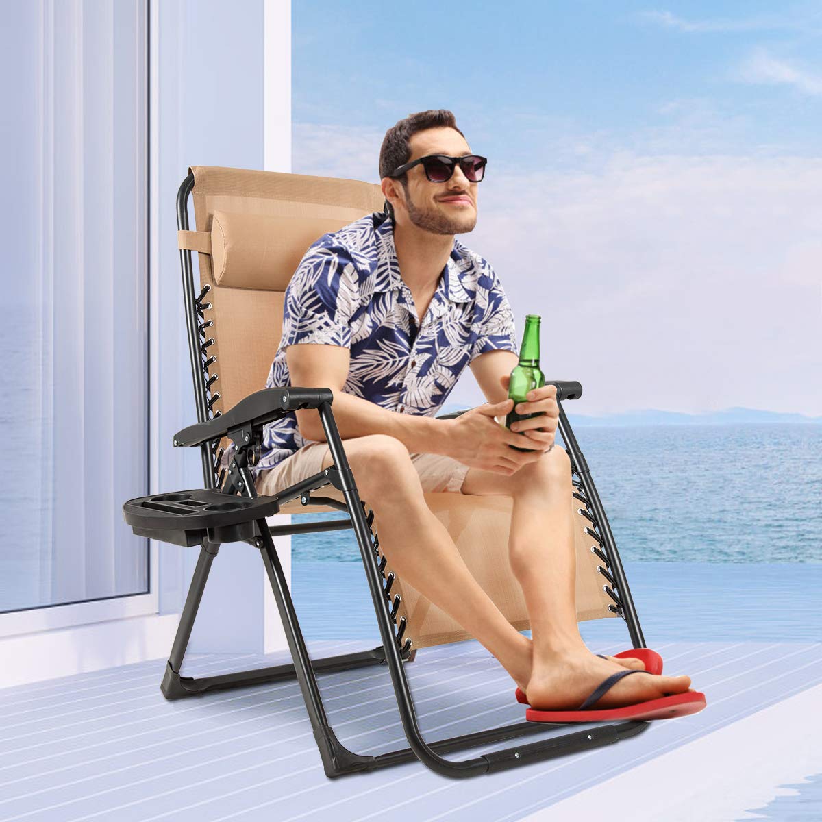 Goplus Zero Gravity Chairs, X-Large Outdoor Lounge Lawn Chair with Cup Holder & Detachable Headrest, Adjustable Folding Patio Recliner for Pool Porch Deck Oversize (Beige)