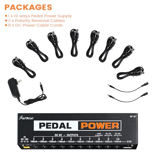 Asmuse Guitar Pedal Power Supply, 10 Isolated DC Output for 9V/12V/18V Guitar Bass Effects Pedals with Built-in USB Charging Port for Phone iPhone Pad iPad