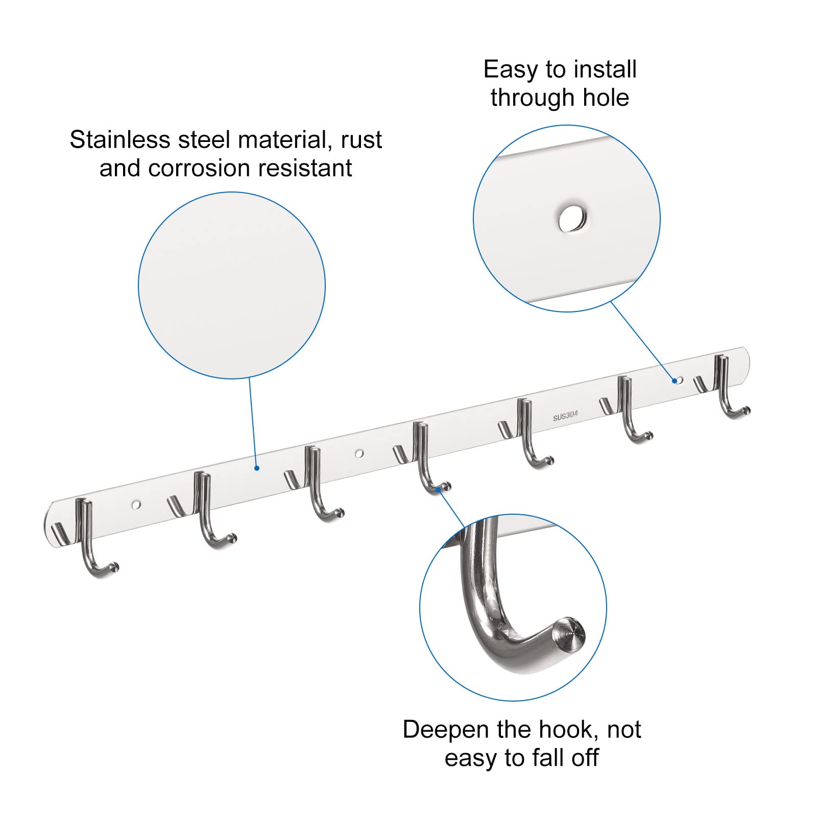 uxcell Coat Hook Rack, 304 Stainless Steel Coat Rack Wall Mounted with 7 Hooks Metal Hook Rail Wall Hangers for Hanging Bedroom Bathroom 2Pcs