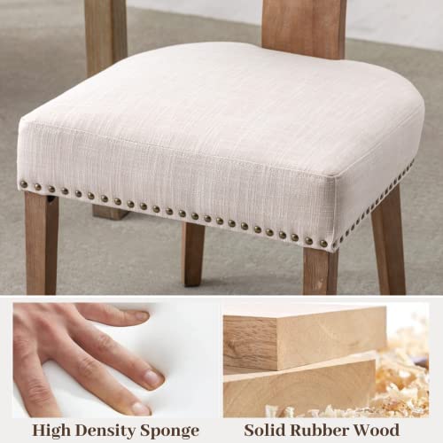 CIMOO Mid Century Modern Dining Chairs Set of 2 Linen Upholstered Dining Chairs Farmhouse Dining Room Chairs with Nailhead Trim Back Wood Legs, Beige and Natural