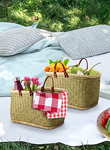 Serene Spaces Living Small Handmade Straw Tote Paired with Leather Handles, Raffia Lined Handbag, Straw Beach Bag, Summer Tote for Everyday Use, Grocery Shopping, 19.5" Long, 8.5" Wide & 10.5" Tall
