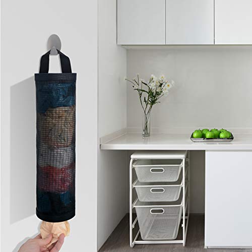 Mesh Garbage Bag Sulimy Plastic Bag Holder Dispensers 2pcs Folding Hanging Storage Bag Trash bags Holder Organizer Recycling Grocery Pocket Containers with 2 Hooks for Home and Kitchen Black