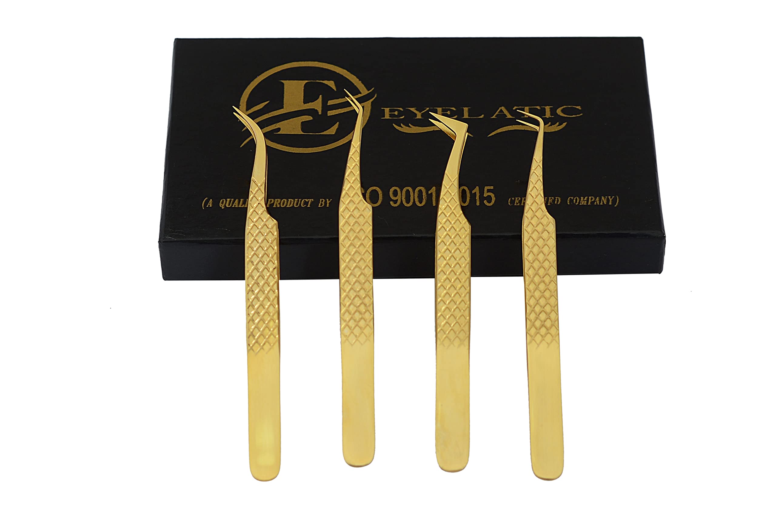 Eyelatic Lash Tweezers, Eyelash Extension Tweezers Set of 4 Volume Tweezers False Eyelash Applicator For Light Volume or Mega Volume Fans Lash Extension Golden