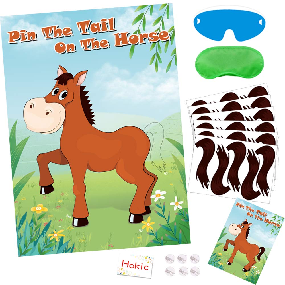 Hooqict Pin The Tail On The Horse Game for Kids Birthday Party Games Horse Theme Birthday Party Supplies for Girls Boys, Large Horse Poster with 30 Tail Stickers Horse Party Favors
