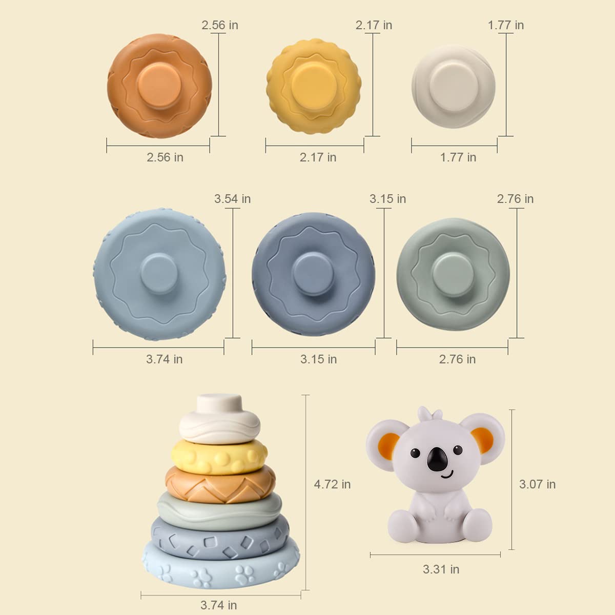 KOESMG 7 PCS Stacking Nesting Circle Toy, Soft Squeeze Building Blocks Sensory Toys, Early Learning Color & Pattern Montessori Toys for 6 8 12 Months Toddlers