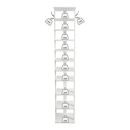 HOMEFORT 10-Tier Vertical Shoe Rack, Corner Shoe Tower, Slim Shoe Organizer with Two Hanging Hooks, Wooden Shoe Storage Stand for Entryway, Hallway, Closet (White)