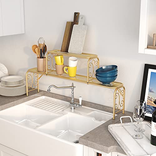 HOMEFORT Scroll Over The Sink Shelf Kitchen, Metal 2-Tier Storage Rack for Kitchen Accessories, Multi-Purpose Shelf for Top of Sink,36.02" W x6.10 D x15.74 H