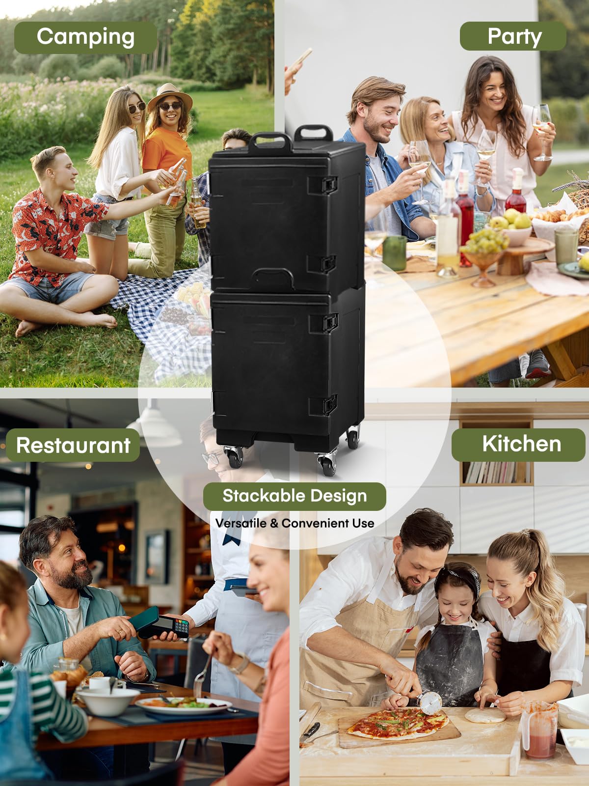 Catering Food Warmer, 82Qt Front Loading Hot Box for Catering, LLDPE Insulated Food Pan Carrier for 5 Full-Size Pan, w/Wheels, Stackable, Handles, Hot Box Food Warmer Ideal for Canteen, Restaurant