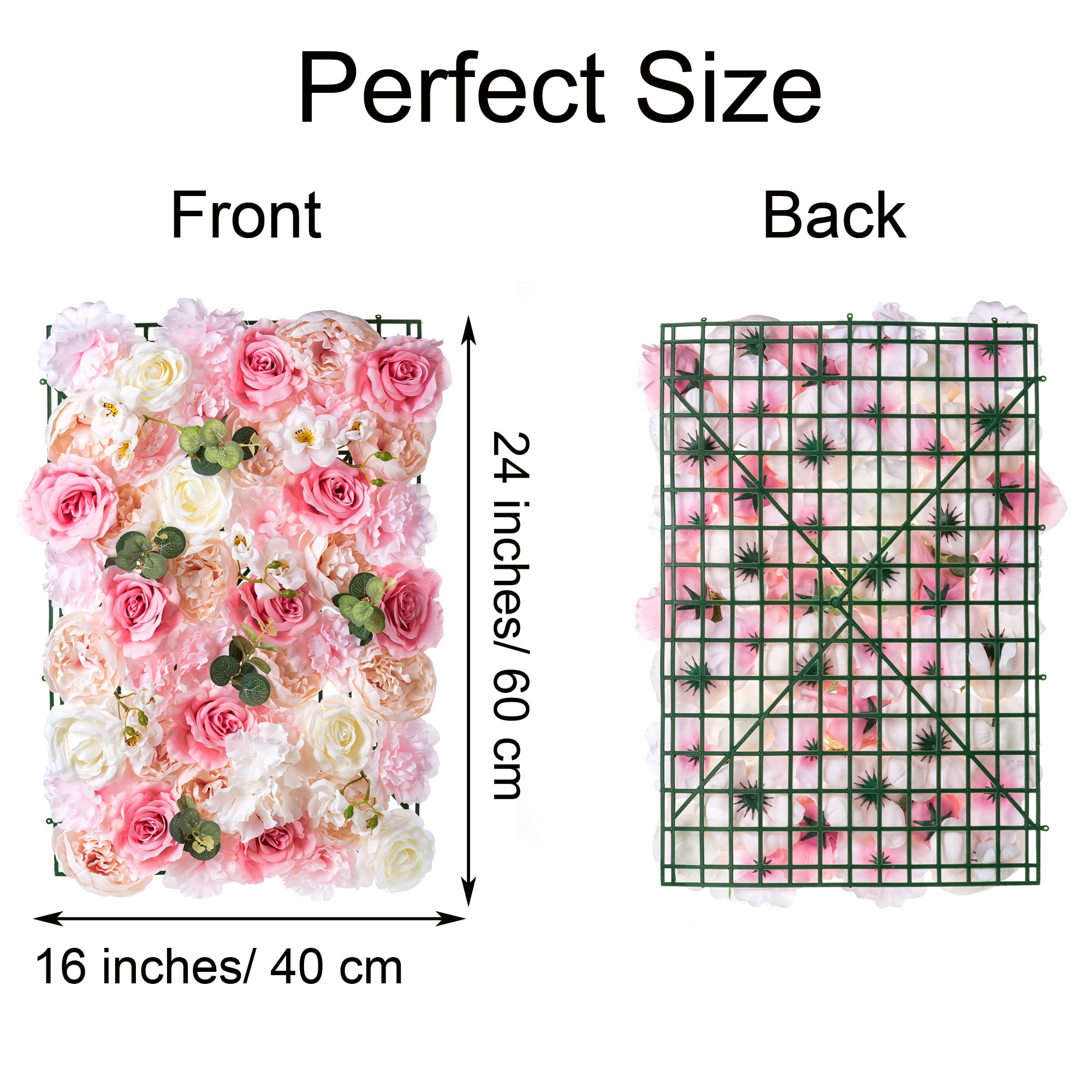 Flower Wall Panel Floral Backdrop - 6 Pcs Pink Flower Wall Decor, 24" X 16" Silk Rose Wall, Artificial Flower Wall Backdrop Faux Flower Panel for Wedding, Party, Nursery, Baby Girl Room, Home Decor