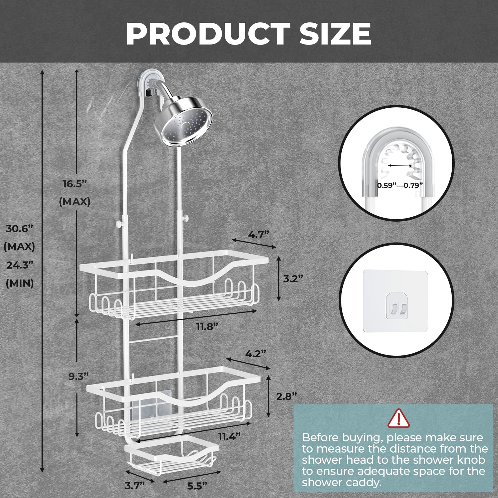 Shower Caddy Hanging Adjustable Shower Caddy, Rustproof Extended Length Shower Caddy Over Shower Head with Hooks Soap Holder, Large Capacity Shower Organizer Anti-Swing Bathroom Organizer, White