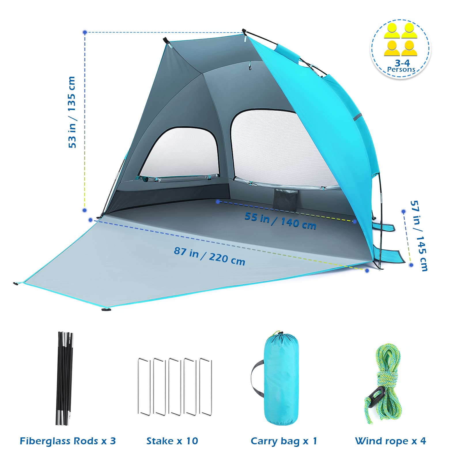 Beach Tent Sun Shade Shelter: 3-4 Person Large Anti-UV Windproof Portable Lightweight Tent Canopy Cabana with Extendable Floor Outdoor
