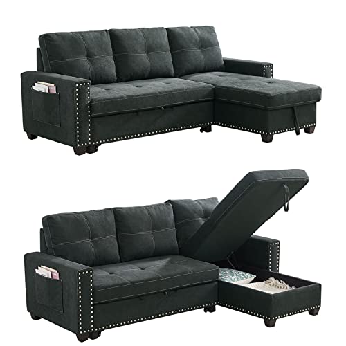 Evedy Upholstery Sleeper Sectional Sofa with Storage Chaise-Pull Out Couch Bed Reversible SofaBed for Living Room Furniture Set, Silver Rivets on Both Hands, a-Black