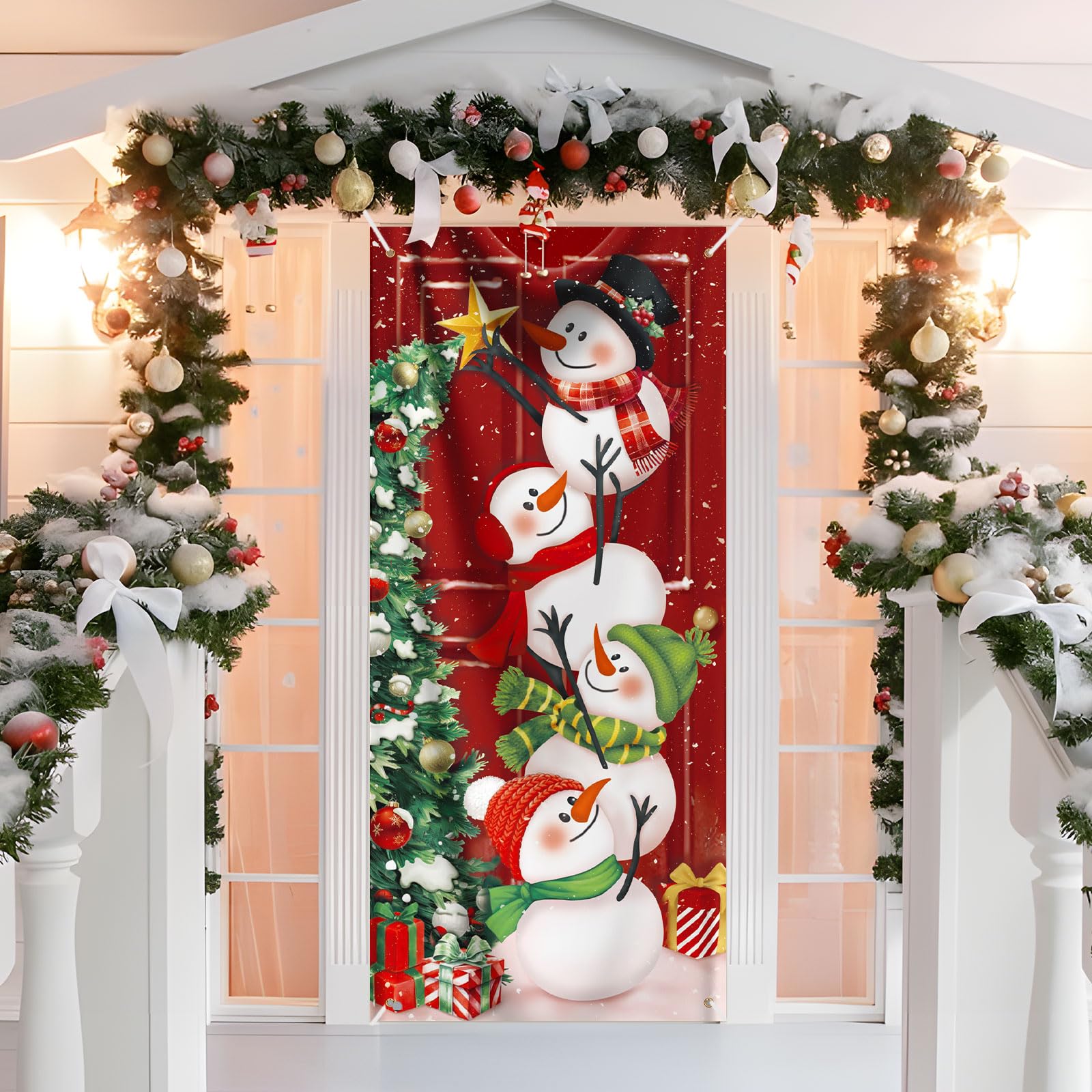 Christmas Door Cover Snowman Decorations for Front Door Fabric Hanging Backdrop Door Banner Outdoor Indoor (Snowman Tree)