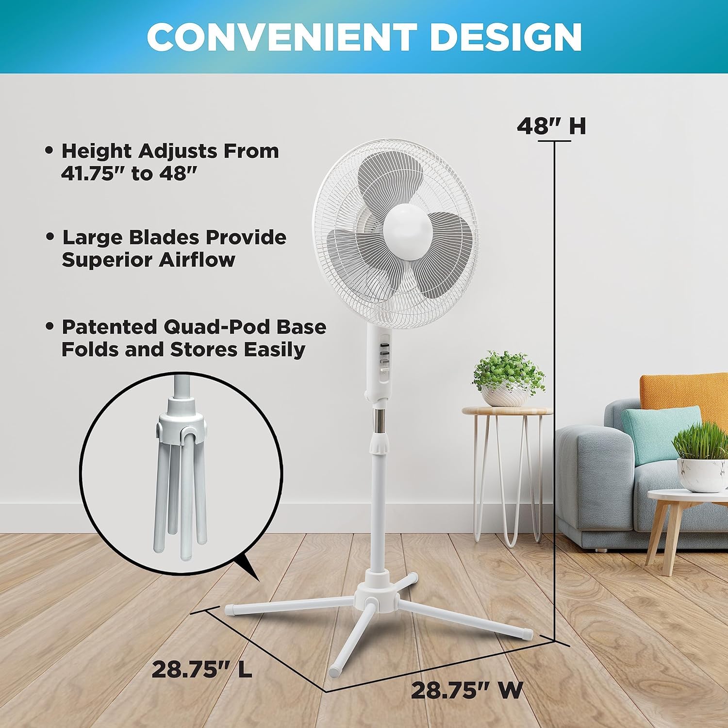 EZ-CHILL 16” Oscillating Pedestal Fan, 3-speed Options, 90-Degree Oscillating Head, Adjustable Height and Tilt, Powerful Air Flow, Black, MTFS-16B-BLK