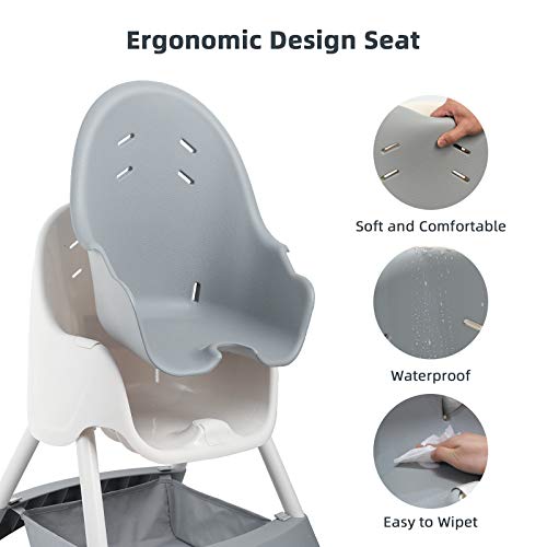 KESAIH High Chair, Height Adjustable High Chairs for Babies and Toddler with Easy-Clean Pu Cushion, Removable Tray, Adjustable Feet, 5 Point Safety Harness, Modern Toddler High Chair (Grey)1