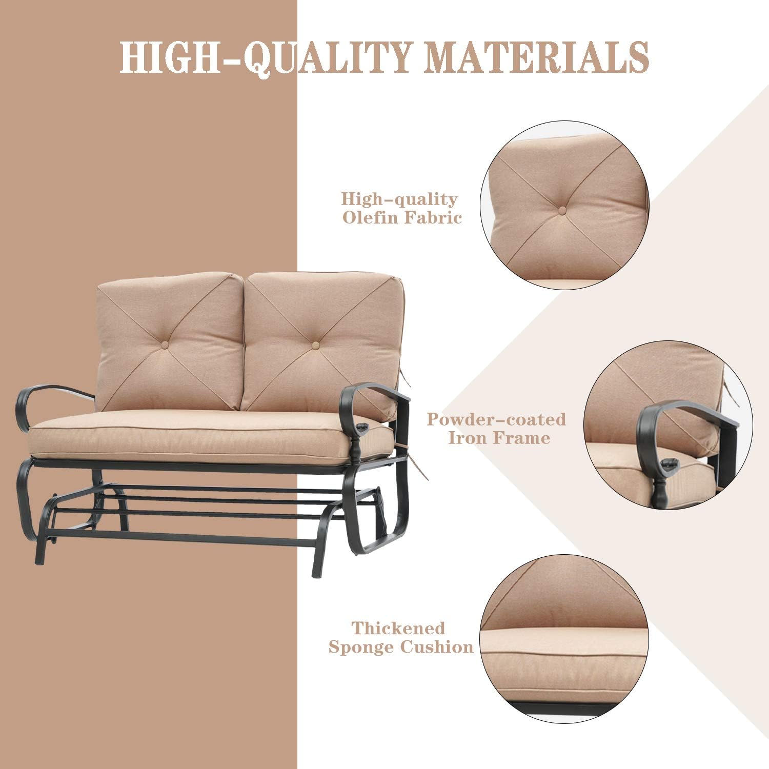 Betterland Outdoor Glider Rocking Chair Patio Swing Glider Bench for 2 Person, Metal Frame Loveseat Chair with Cushions (Brown)