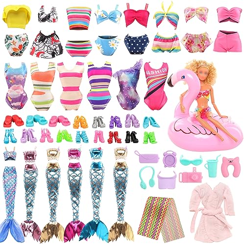 ENOCHT 25 Pcs Doll Clothes and Accessories Contain 4 Different Handmade Swimsuit, 1 Handmade Bathrobe, 1 Bathtowel, 16 Accessories, 1 Swimming Ring Float and 2 Mermaid Dress for 11.5 inch Doll