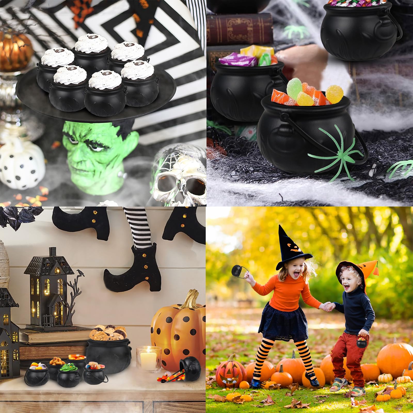 Cauldron Halloween Decor - 9 PCS Large and Mini Plastic Hanging Cauldrons Serving Set - Spooky Black Witches Cauldron Desserts Candy Serving Bowls for Table Home Indoor Hocus Pocus Party Decorations