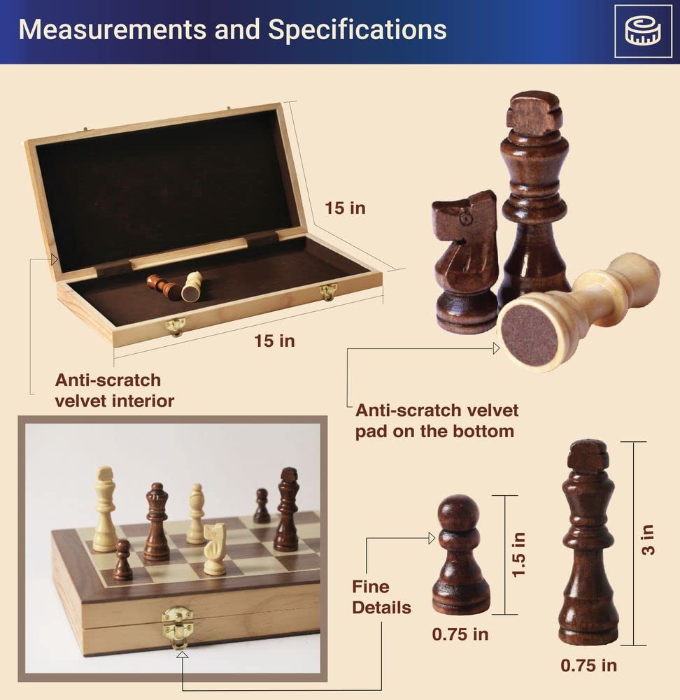 Fun+1 Toys! Wooden Chess Set for Adults and Kids, 15" Portable Chess Board Set with Chess Pieces & Drawstring Bag