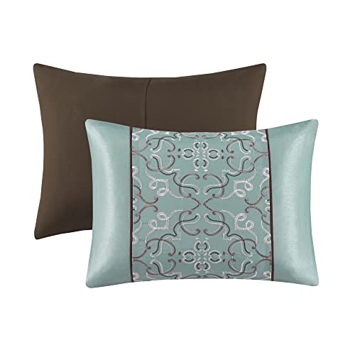 Madison Park Essentials Jelena Room in A Bag Faux Silk Comforter Classic Luxe All Season Down Alternative Bedding, Matching Bedskirt, Curtains, Decorative Pillows, Queen(90"x90"), Seafoam 24 Piece