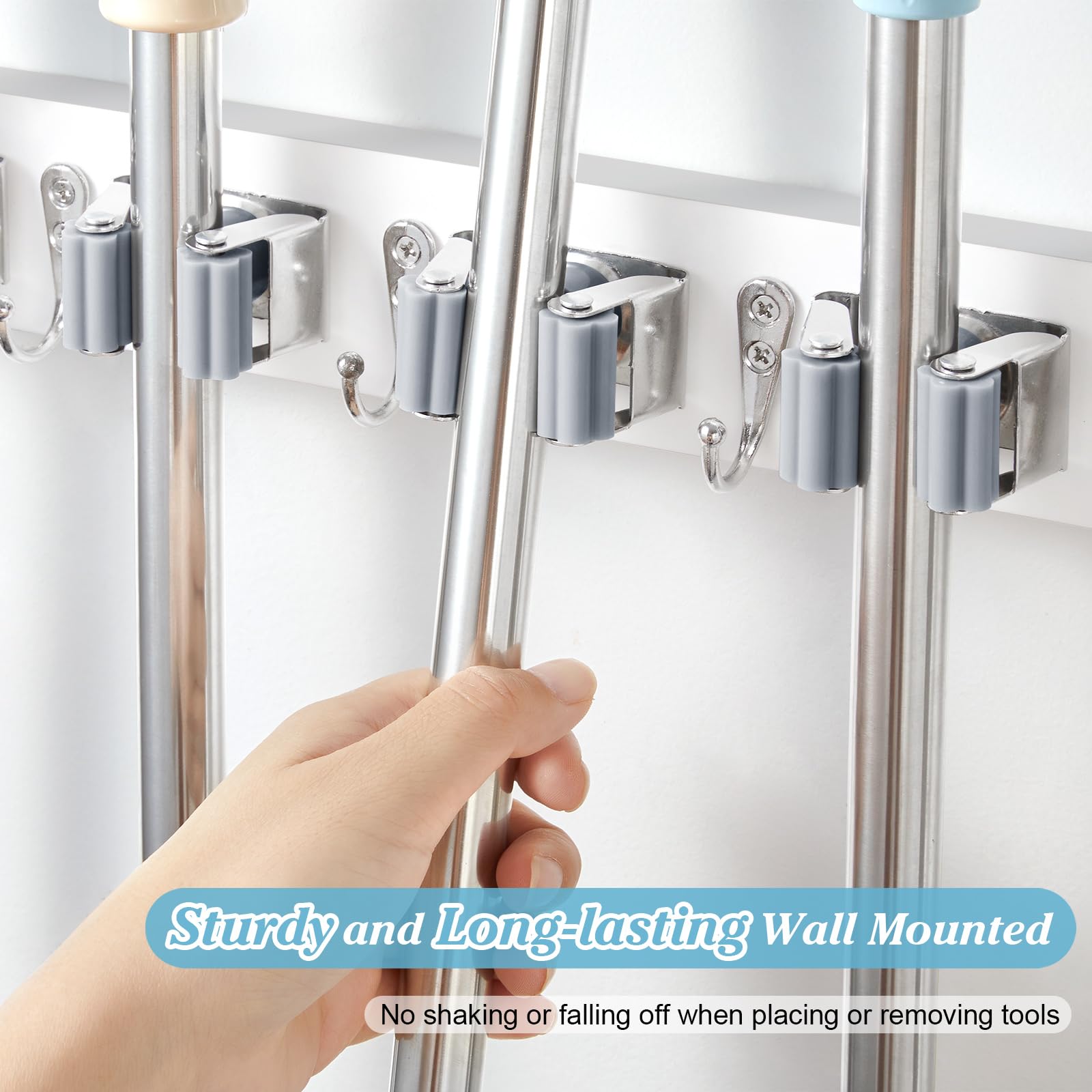White Broom Holder Wall Mount - Heavy Duty Wood Mop and Broom Organizer with 5 Slots & 4 Hooks - Garden Tool Hanger for Laundry Room Closet Kitchen Garage Storage and Organization - Modern Home Decor