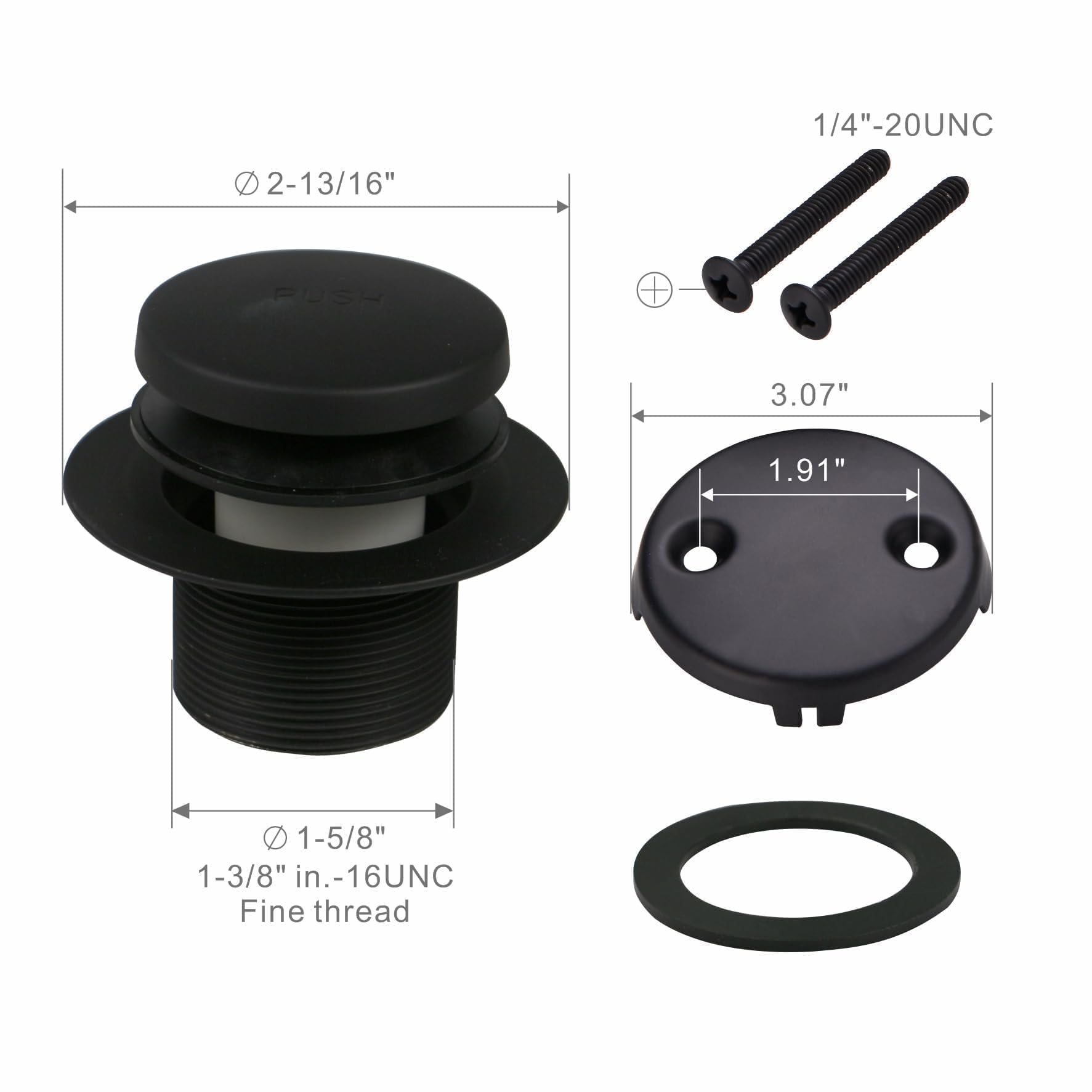 Black Tubular Tub Drain Kit with Welsan Tip-Toe Bathtub Drain Stopper, Touch-Toe Bath Plug Waste and Overflow Face Plate, 1-1/2" PVC Plastic Pipe (Matte Black)