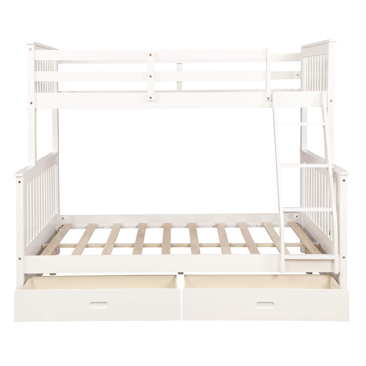 DS-HOMEPORT Twin Over Full Bunk Bed with Two Storage Drawers, Wooden Bunk Beds Frame w/Safety Guardrail & Ladder, Soild Wood Space-Saving Bunkbed for Bedroom Kids Teens Adults(White)