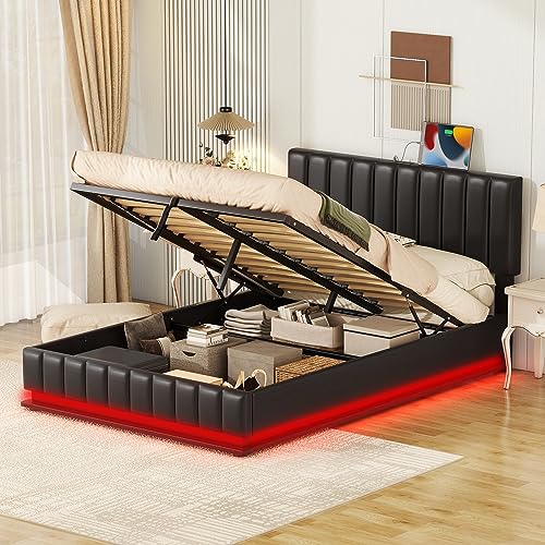 CJLMN Upholstered Platform Bed Versatility Bed, Full Size Wood Bed Frame with Hydraulic Storage System, LED Lights, Sockets and USB Ports, Kids Adults Bedroom Furniture Storage Bed (Black Bed)