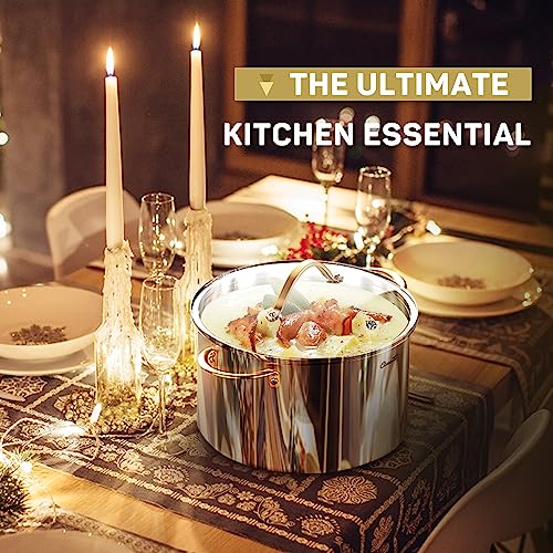 Ciwete 8 Quart Stock Pot, 18/10 Tri-Ply Stainless Steel Whole Clad Stock Pot with Lid, Integrated Process, 8 QT Soup Pot with Copper Handle, Induction Stockpot, Oven, Gas, Dishwasher Safe