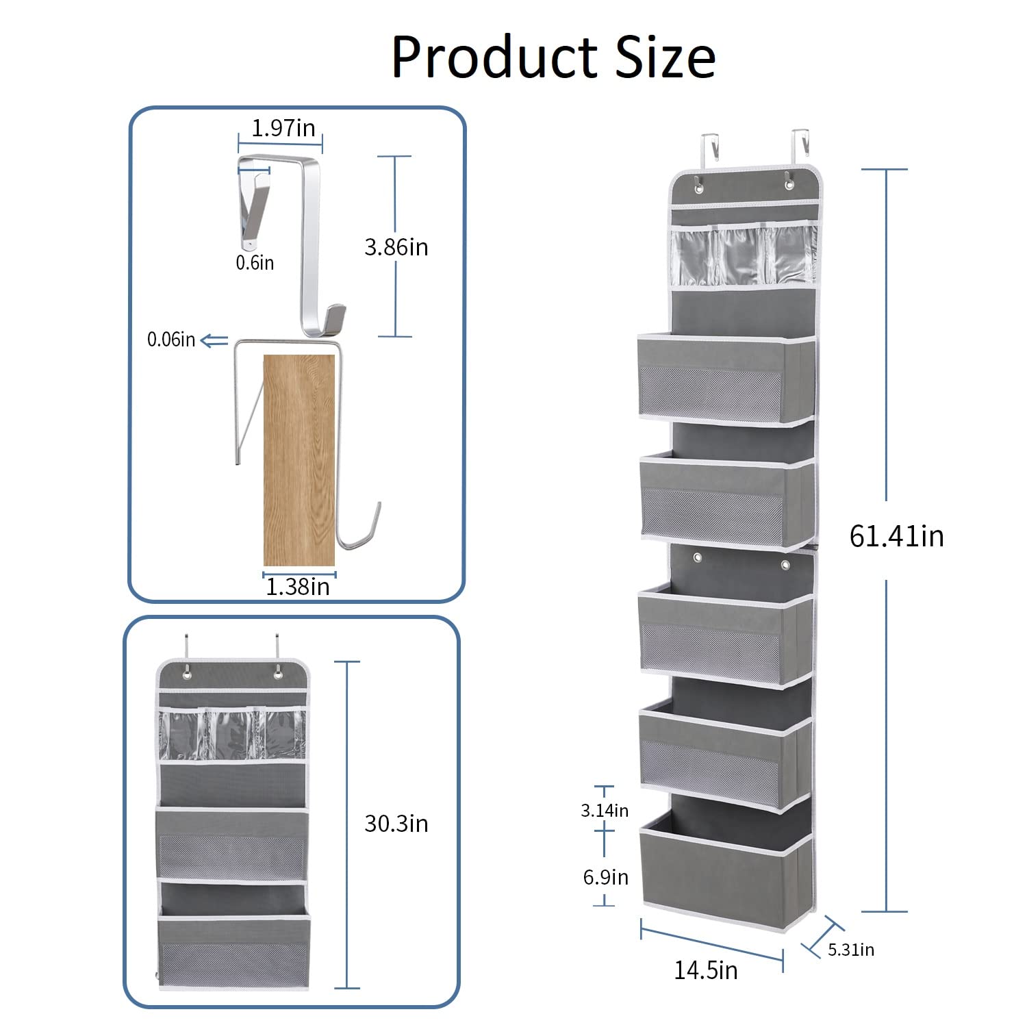 Bedor 1 Pack 6-Shelf Over The Door Hanging Organizer, Hanging Storage with Clear Plastic Pockets, Large Capacity Door Organizer for Closet, Bedroom, Nursery, Bathroom and Sundries