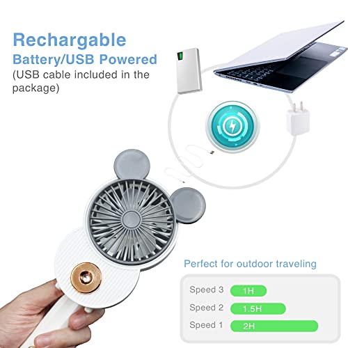 LACOVIA Cute Mickey Misting Mini Fan, Handheld Portable USB Rechargeable Fan with 3 Adjustable Speeds, Foldable Personal Fan For Travelling(White)