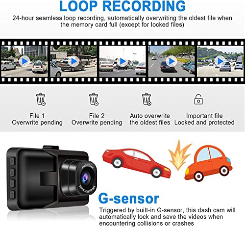 Dash Cam 720P Full HD, On-Dashboard Camera Video Recorder Dashcam for Cars with 3" LCD Display, Night Vision, WDR, Motion Detection, Parking Mode, 120° Wide Angle