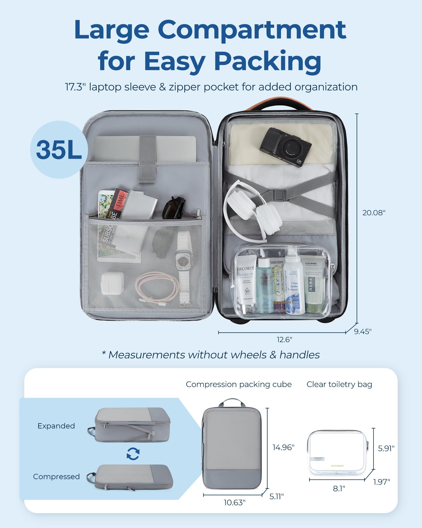 BAGSMART Rolling Travel Backpack, Water-Resistant Travel Laptop Backpacks with Wheels for Adults, 17 Inch Large Roller College Backpack Luggage Carry on with 2 Packing Cubes, Gray