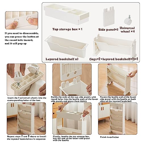 GAGALU 6 Tier Mobile Bookshelf, Moveable Bookshelf Organizer with 360° Universal Wheel Movable Bookshelf Multilayer Capacity for Home, 6 Tier Floor Standing Bookcase Storage Organizer Rack,White