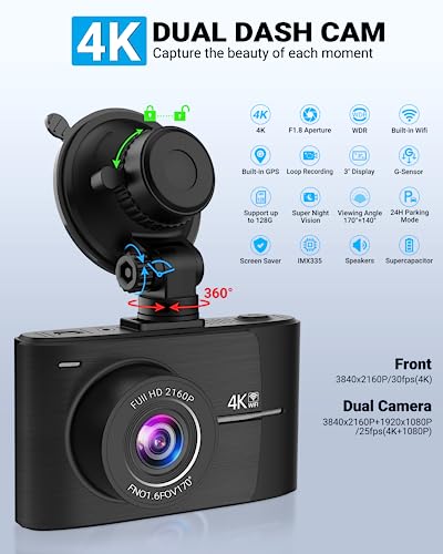 Dash Cam Front and Rear 4K Dash Cam Dash Camera for Cars Front 4K/2K Rear 1080P Built-in GPS with WiFi 3" IPS Display WDR Parking Mode, G-Sensor, Loop Recording, Night Vision, Support 128GB Max