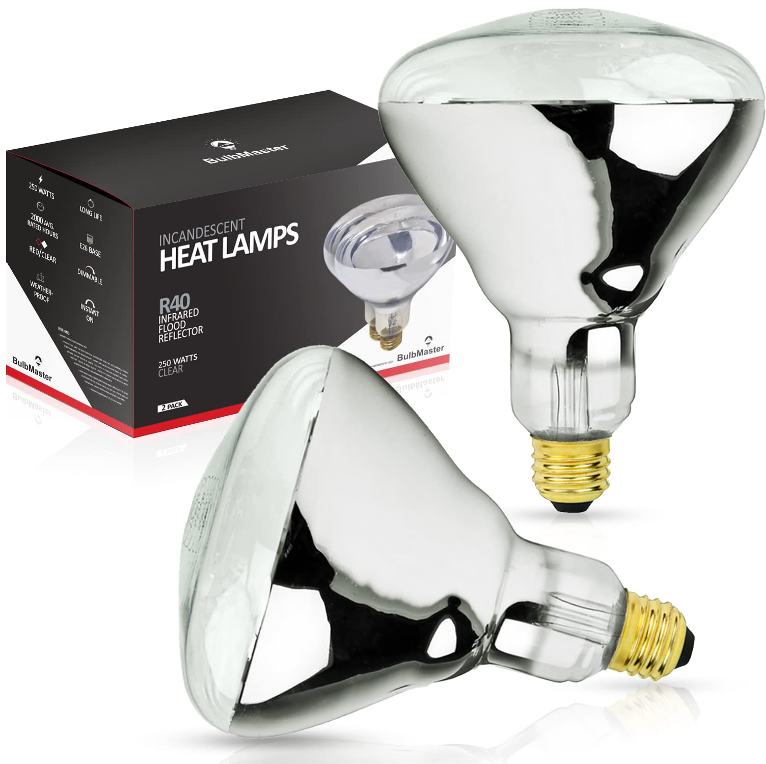 BULBMASTER 250 Watts R40 Heat Lamps Outdoor Bulbs for Pets Flood Light Bulb for Chickens Infrared Reflector 250W R40 Incandescent Medium E26 Base 2 Pack (CLEAR250R40-2PK) (250/R40/LEAR/2 PKk)