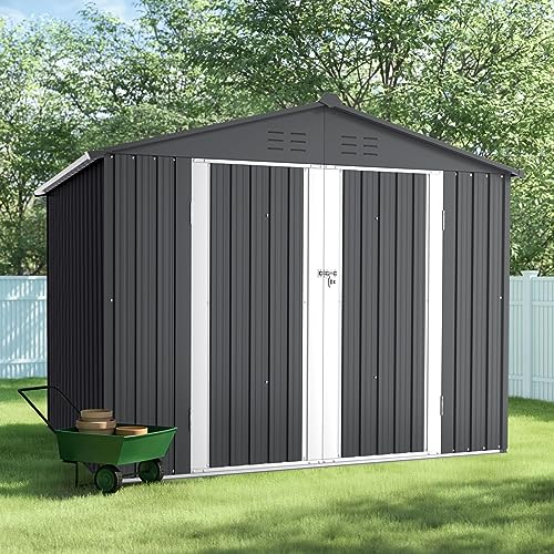 Incbruce 8x6 Ft Outdoor Storage Shed Double Sloping Roof Garden Shed, Galvanized Metal Storage Shed with Sliding Door, Metal Shed Kit with Double Doorknobs and Air Vents (Grey)