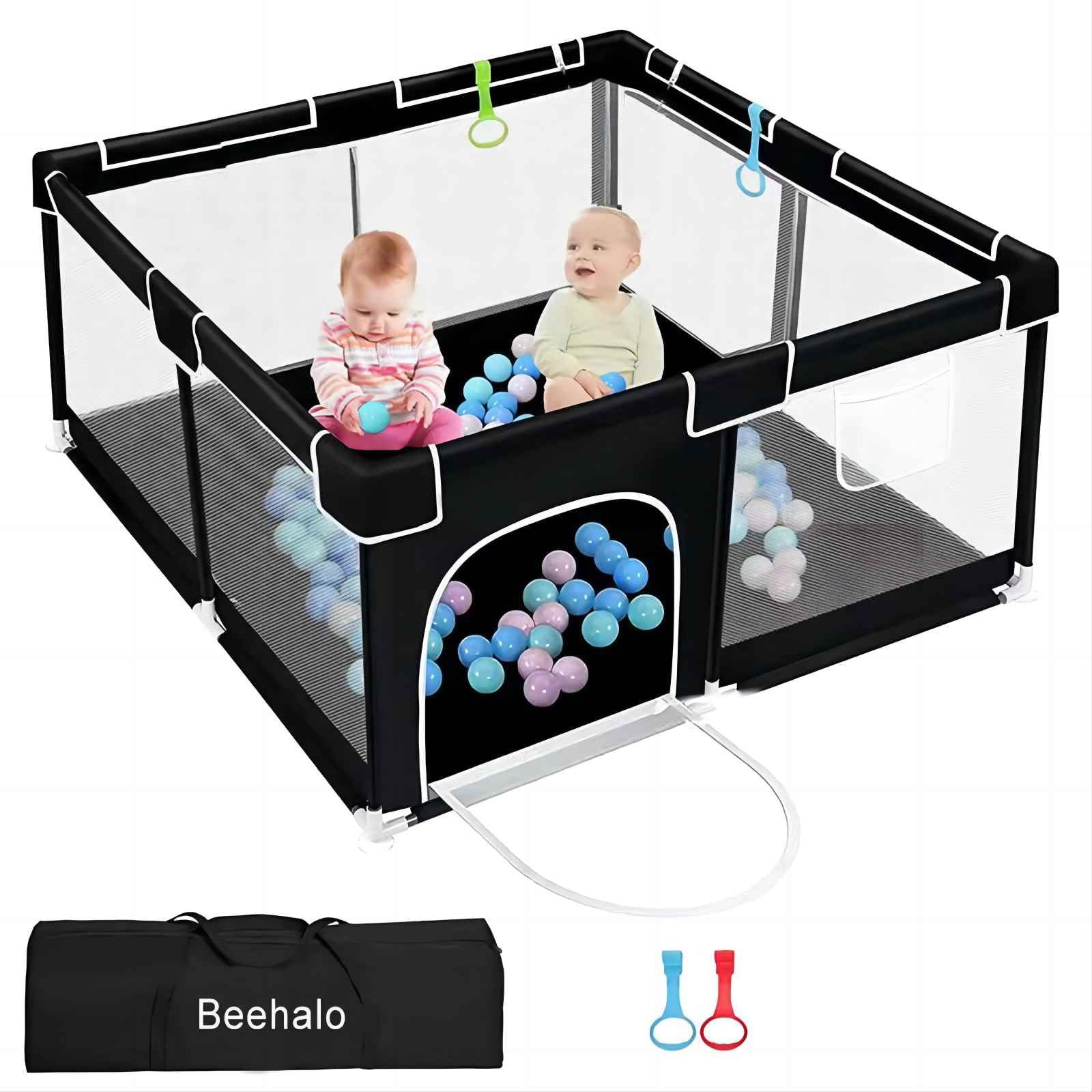 BeeHalo Baby Playpen Baby Playard, Playpen for Babies and Toddlers with Gate, Indoor & Outdoor Kids Activity Center with Anti-Slip Base,Sturdy Safety Play Yard with Soft Breathable Mesh(Black,50”×50”)