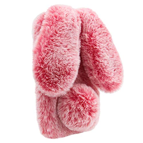 DasKAn for Samsung Galaxy A14 5G 3D Bunny Ears Plush Case with Crossbody Strap, Winter Warm Handmade Bling Diamond Soft Rabbit Fluffy Furry Fur Shockproof Protective Phone Cover, Pink