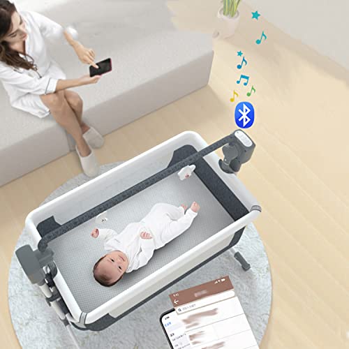 SteAnny Baby Bassinet Electric Rocking Baby Bed, Newborn Cribs with Remote, Infant Bedside Bed(Khaki/White)